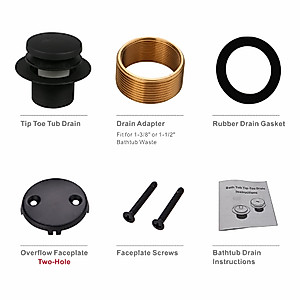 Black Bathtub Drain Tip Toe Tub Conversion Kit Assembly,Wellup Tub Drain Trim Kit with Two Hole Overflow Faceplate,Matte Black