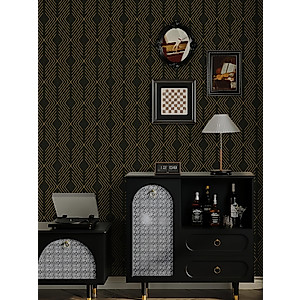 LiKiLiKi Geometric Peel and Stick Wallpaper Black and Gold Wallpaper Modern Contact Paper Boho Removable Self-Adhesive Decorative Wallpaper for Cabinets Bathroom Bedroom Kitchen Vinyl Roll 17.3”x118”