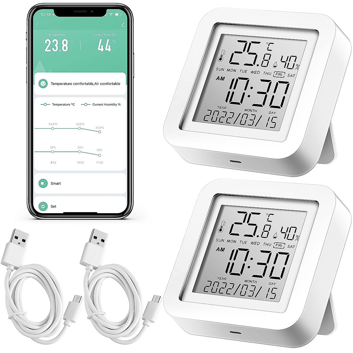 Flutesan 2 Pcs Smart Wireless Temperature Monitor Humidity Monitor Wireless Hygrometer Thermometer Digital Room Compatible with APP Notification Alert and LCD Display House