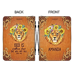 Jesuspirit Personalized Zippered Bible Cover with Handle Large Size - Lion & Sunflower Customized Leather Bible Case - God is Within Her, She Will Not Fall - Psalm 46:5 - Ideal Gift for Church Ladies