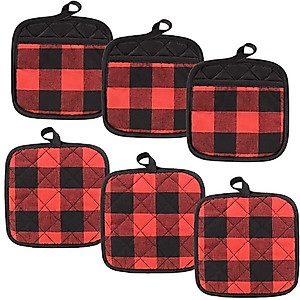 N//A 4/6 Pack Buffalo Check Plaid Pot Holders with Pocket,Kitchen Hot Pad Oven Mitts for Cooking and Baking Square 7.9" X 9.1" (Red, 6 Pack)