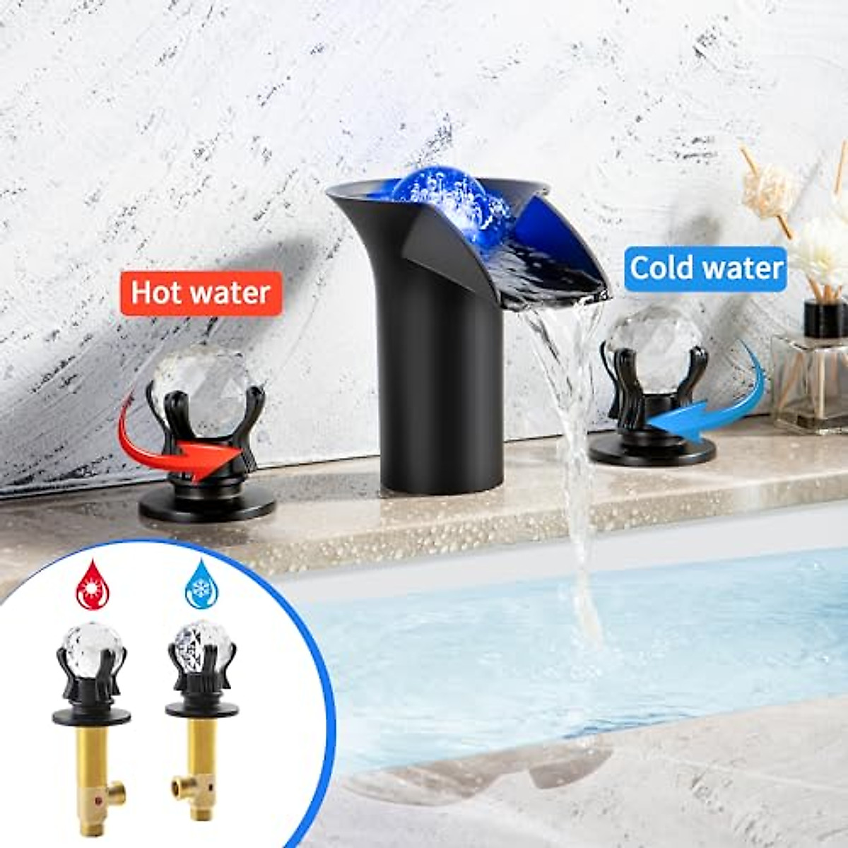 SKOWLL Waterfall Bathroom Faucet, Deck Mount 8 Inch Widespread Bath Sink Faucet 2 Crystal Handle Vanity Faucet with LED Light, Matte Black