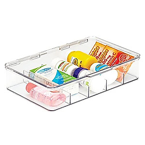 mDesign Plastic Divided First Aid Storage Box Kit with Hinge Lid for Bathroom, Cabinet, Closet - Organize Medicine, Ointments, Adhesive Bandages - 5 Sections, Ligne Collection, Clear