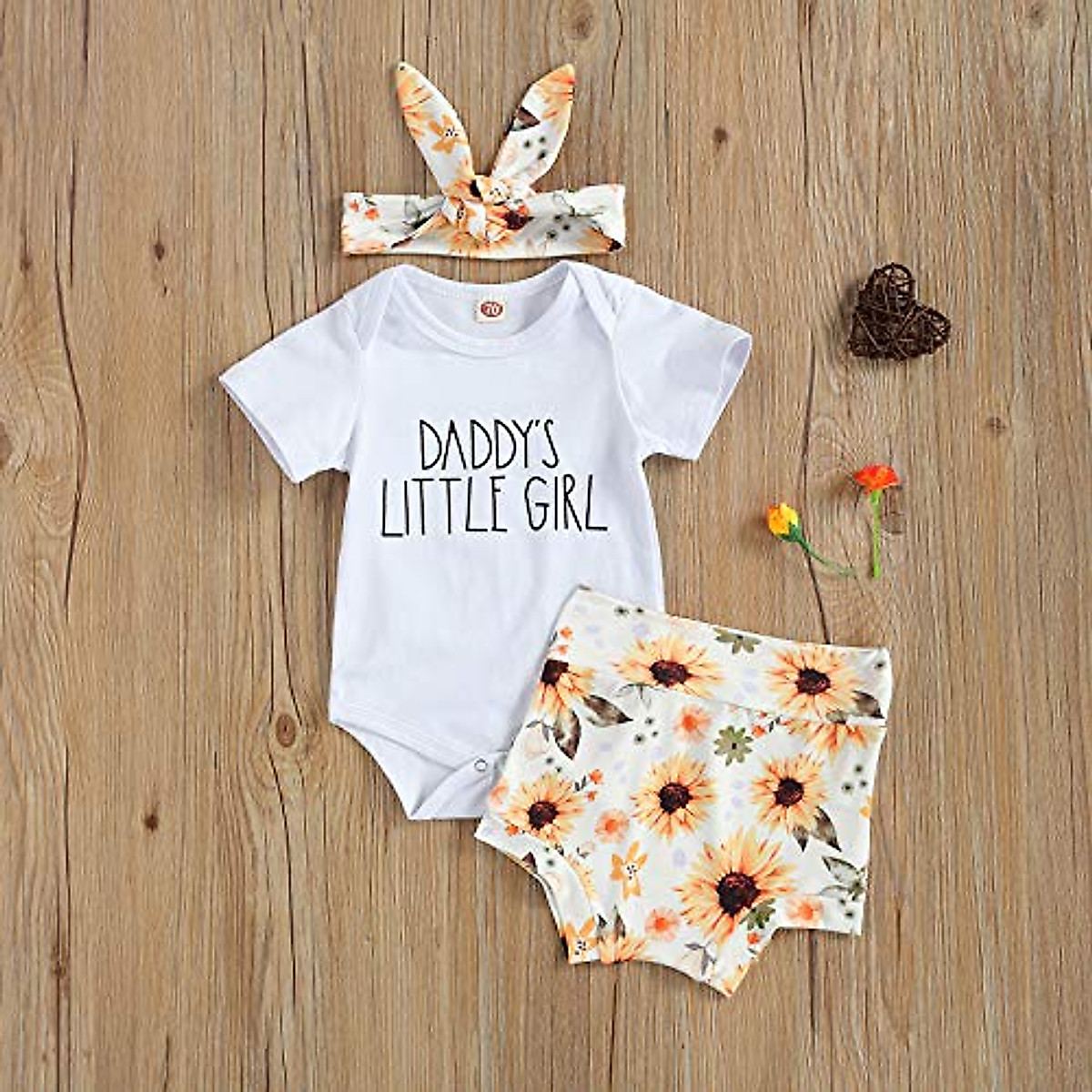Newborn Infant Baby Girl Daddys Little Girl Short Sleeve Romper Tops Sunflower Shorts Pants Headband Summer Outfits (White-Sunflower, 0-3 Months)