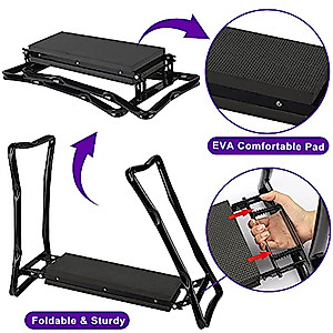 Garden Kneeler and Seat Foldable Garden Stools Garden Bench with 2 Tool Pouches & 2 Digging Gloves, Portable Garden Kneeling Pad EVA Foam Pad, Garden Gifts Tools for Men Women Gardener (Black&Purple)