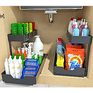 IRONBOX Under Sink Organizer, 2 Pack Pull Out Cabinet Organizer 2-Tier Slide Out Sliding Shelf Under Cabinet Storage for Bathroom Kitchen Sink Organizers and Storage(Black-2 Pack)