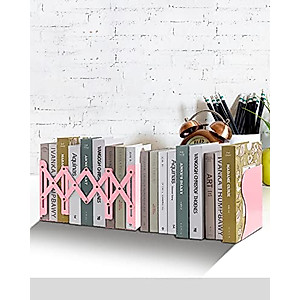 Adjustable Bookends, Metal Book Ends for Shelves Heavy Book, Desk Magazine File Organizer for Home, Office, Books, Papers, Extends up to 19 inches (Pink)
