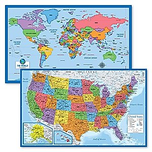 2 Pack - World Map for Kids + Blue Ocean USA Map (Laminated, 18" x 29")