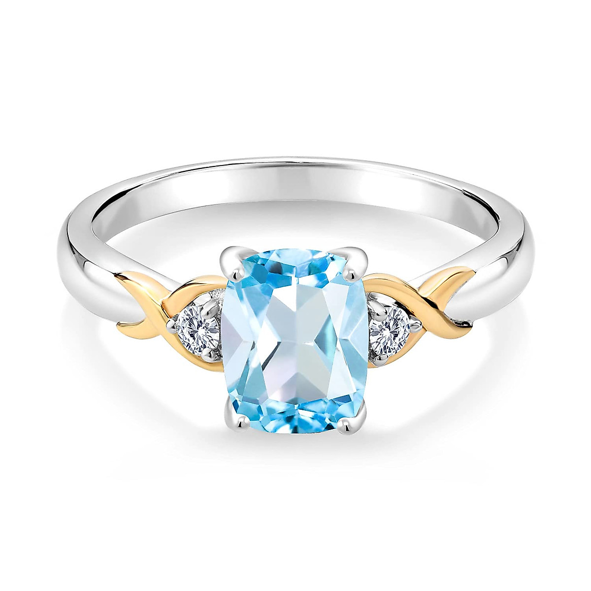 Gem Stone King 925 Silver and 10K Yellow Gold 8X6MM Cushion Cut Gemstone Birthstone and 2MM White Lab Grown Diamond 3-Stone Engagement Ring | Wedding Anniversary Promise Ring For Women