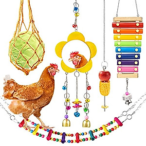 Woiworco 5 Packs Chicken Toys, Chicken Xylophone Toy for hens, Chicken Mirror Toys, Chicken Ladders Swing Toys and Vegetable Hanging Feeder Chicken Coop Accessories