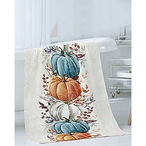 Fall Burlap Bathroom Towel Set,Microfiber Bath Kitchen Beach Hand Dish Towels Set,Quick Dry Luxury Soft Decorative Towels+Set Clearance Bulk Decor(3-PC) Teal Orange White Pumpkin Eucalyptus Leaves
