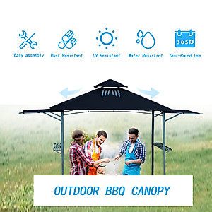 5x8 Outdoor Grill Gazebo BBQ Canopy, Double Tier BBQ Gazebo Grill Tent with Dual Side Retractable Awning, Shelves and Air Vent, BBQ Cabana Tent Canopy Shelter for Patio Party Backyard Picnic(Black)