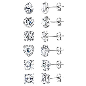 HAIAISO 6 Pairs CZ Stud Earrings Set for Women Men Stainless Steel Earrings Classic Brilliant Cut Cubic Zirconia Bridesmaids Earrings Teardrop Heart Faux Diamond Halo Earrings Bridal Stud Earrings