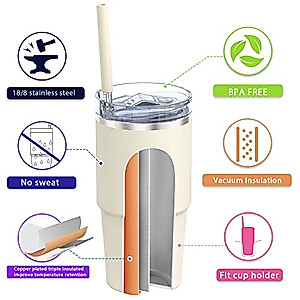 Zukro 24 oz Coffee Tumbler, Leak Proof Stainless Steel Travel Mug with Screw on Sliding lid and Straw, No Sweat Insulated Cup For Hot and Cold Drinks, Dishwasher Safe - Cream