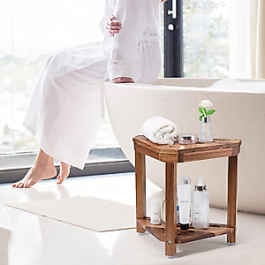 Boulphia Shower Foot Rest 14in, Acacia Wood Shower Stool for Shaving Legs, Waterproof Corner Shower Stool with Storage Shelf for Inside Small Shower Spaces