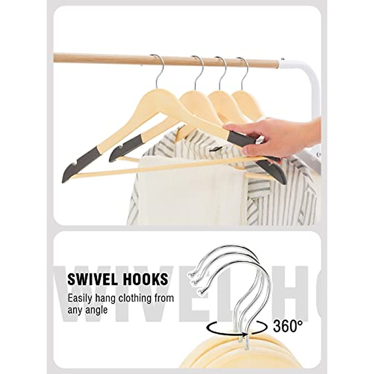 Solid Natural Wooden Coat Hangers, 20 Pack Heavy Duty Smooth Finish Suit Hangers with Non-Slip Pant Bar, Precisely Cut Notches & Chrome Swivel Hook for Closet, Wardrobe