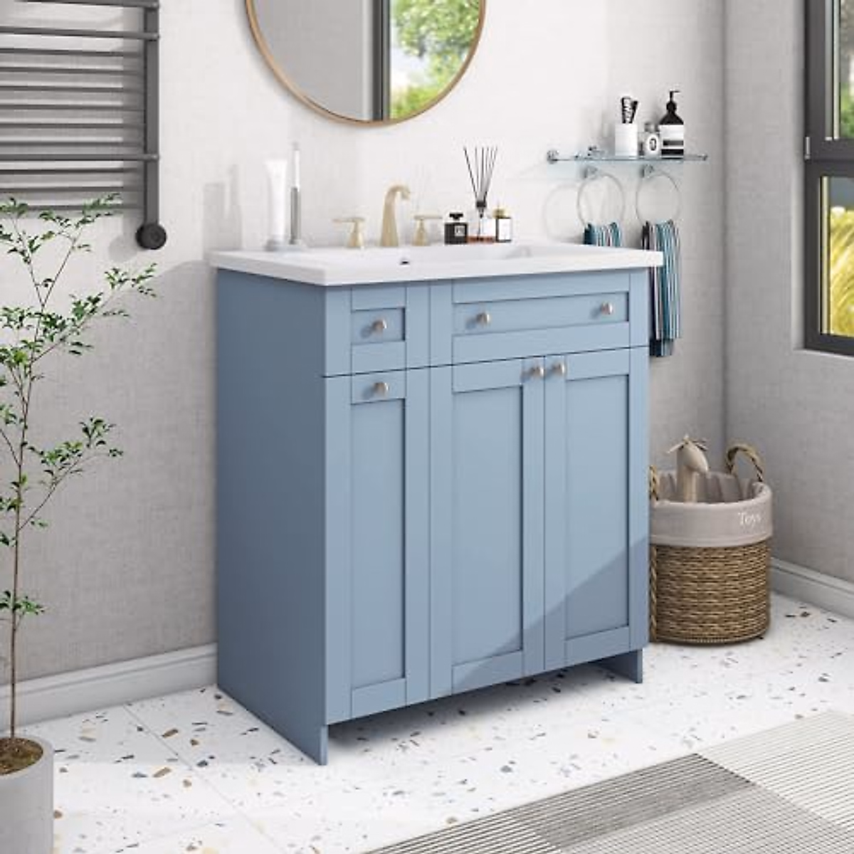 PrimaevalColossus 30" Modern Bathroom Vanity with Sink Combo, Freestanding Bathroom Vanity with Resin Sink Single Bathroom Cabinet Set with Soft Closing Doors & Drawers, Blue