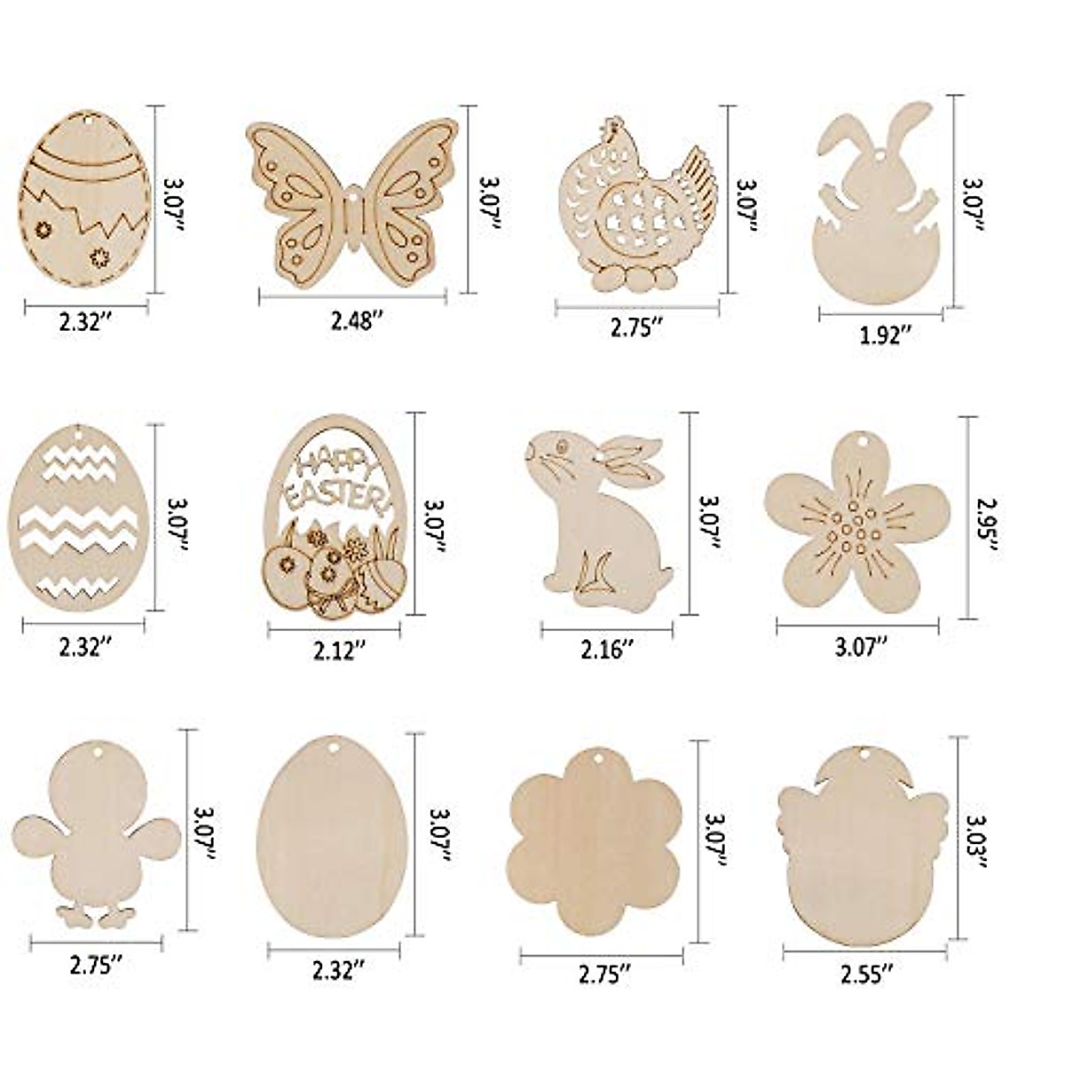 Max Fun 60PCS Easter Wood Cutouts for Crafts Easter Unfinished Ornaments DIY with Bunny to Paint for Kids Easter Party Decorations Decor Hanging Egg Shapes with Drawing Pen and Hang Cords