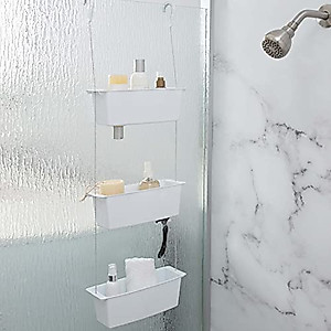 Bath Bliss 3 Tier Hanging Suction White Shower Caddy | Dimensions: 4"x 11.3"x 34.7" | 2 Hooks Mounted on Shower Head | Glass Shower Door | Great for Hold Bottles | Suction Cup Hold
