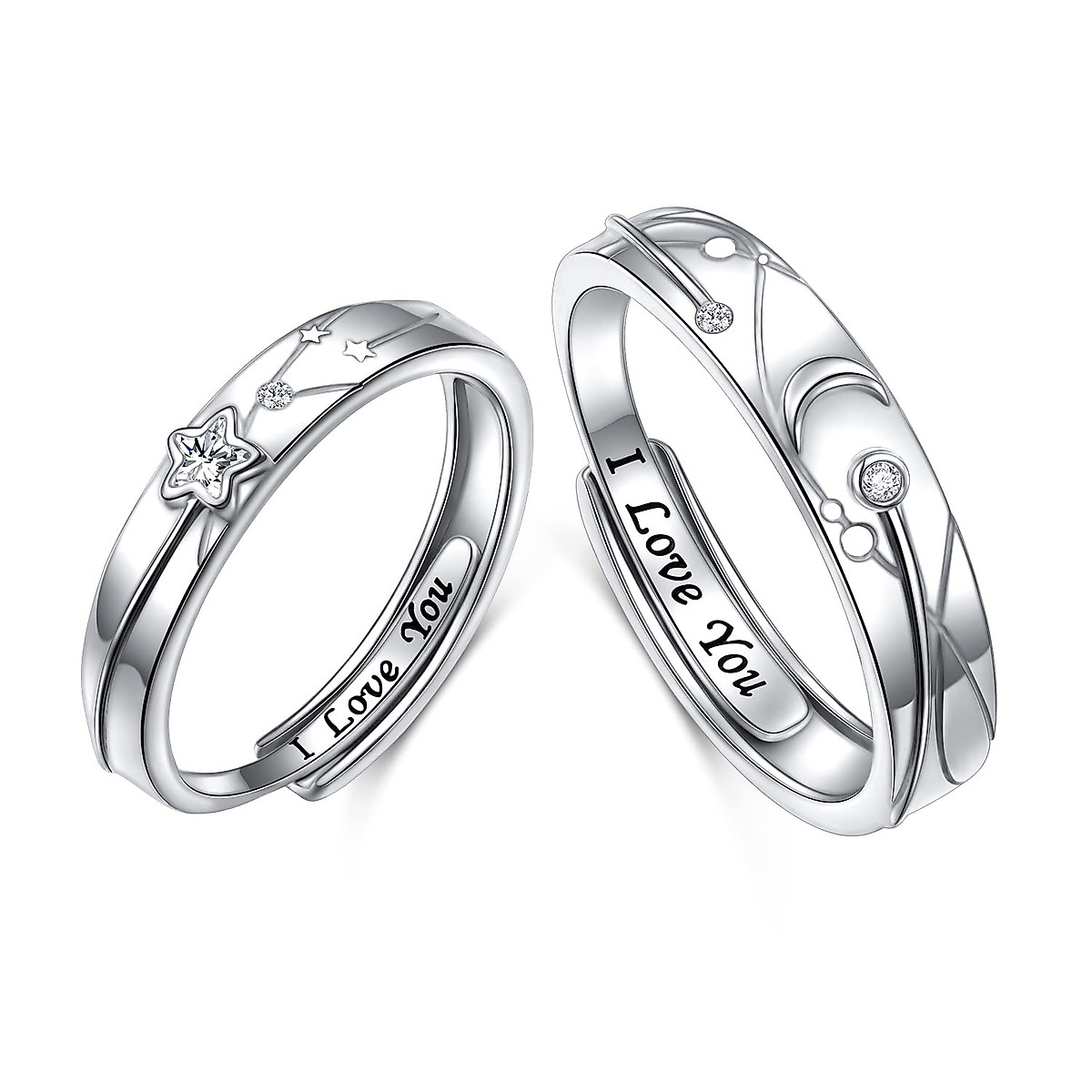 Matching Rings for Couples 925 Sterling Silver Adjustable Couple Rings Carved I LOVE YOU Promise Wedding Rings Set for Him and her Moon and star Jewelry Gift