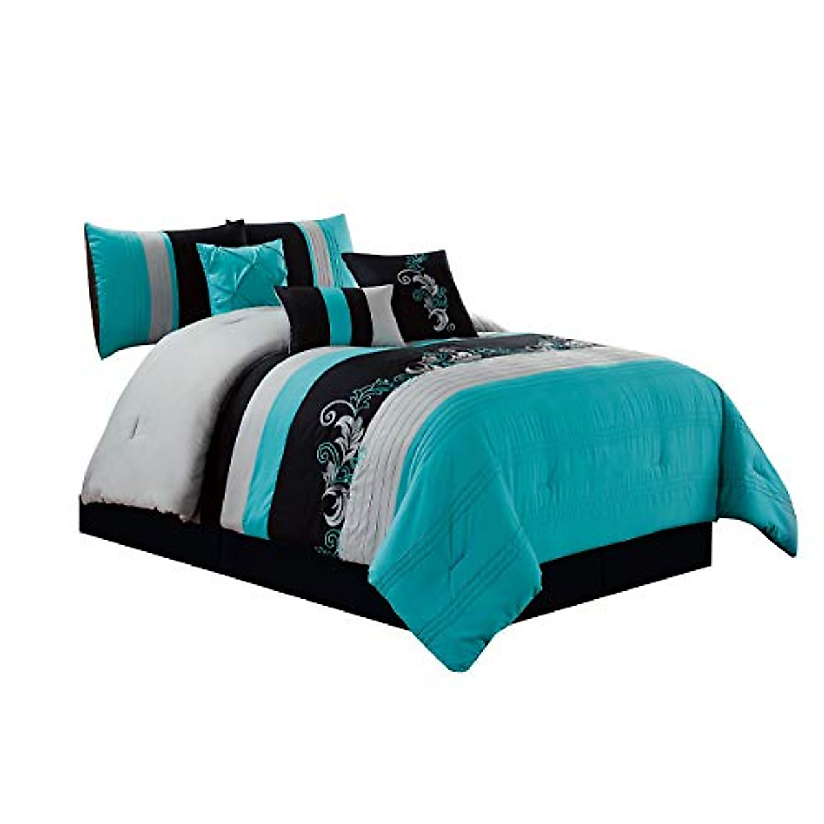 Chezmoi Collection Napa 7-Piece Luxury Leaves Scroll Embroidery Bedding Comforter Set (Queen, Teal Blue/Gray/Black)