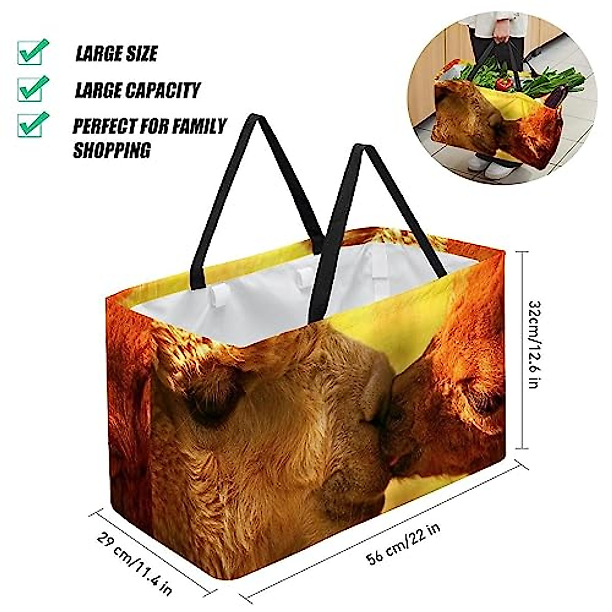 KQNZT Reusable Grocery Bags, Large Foldable Reusable Shopping Tote Bags Bulk for Groceries, Waterproof Kitchen Cloth Produce Bags with Long Handles, Animal Llama