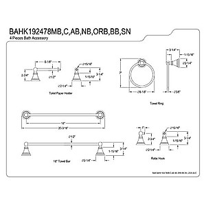 Kingston Brass BAHK192478NB American Classic Towel Bar/Towel Ring/Toilet Paper Holder/Robe Hook, 18", Naples Bronze