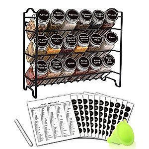 SWOMMOLY Spice Rack Organizer with 18 Empty Square Spice Jars, 396 Spice Labels with Chalk Marker and Funnel Complete Set, Spice Organizer for Countertop, Cabinet or Wall Mount, Black