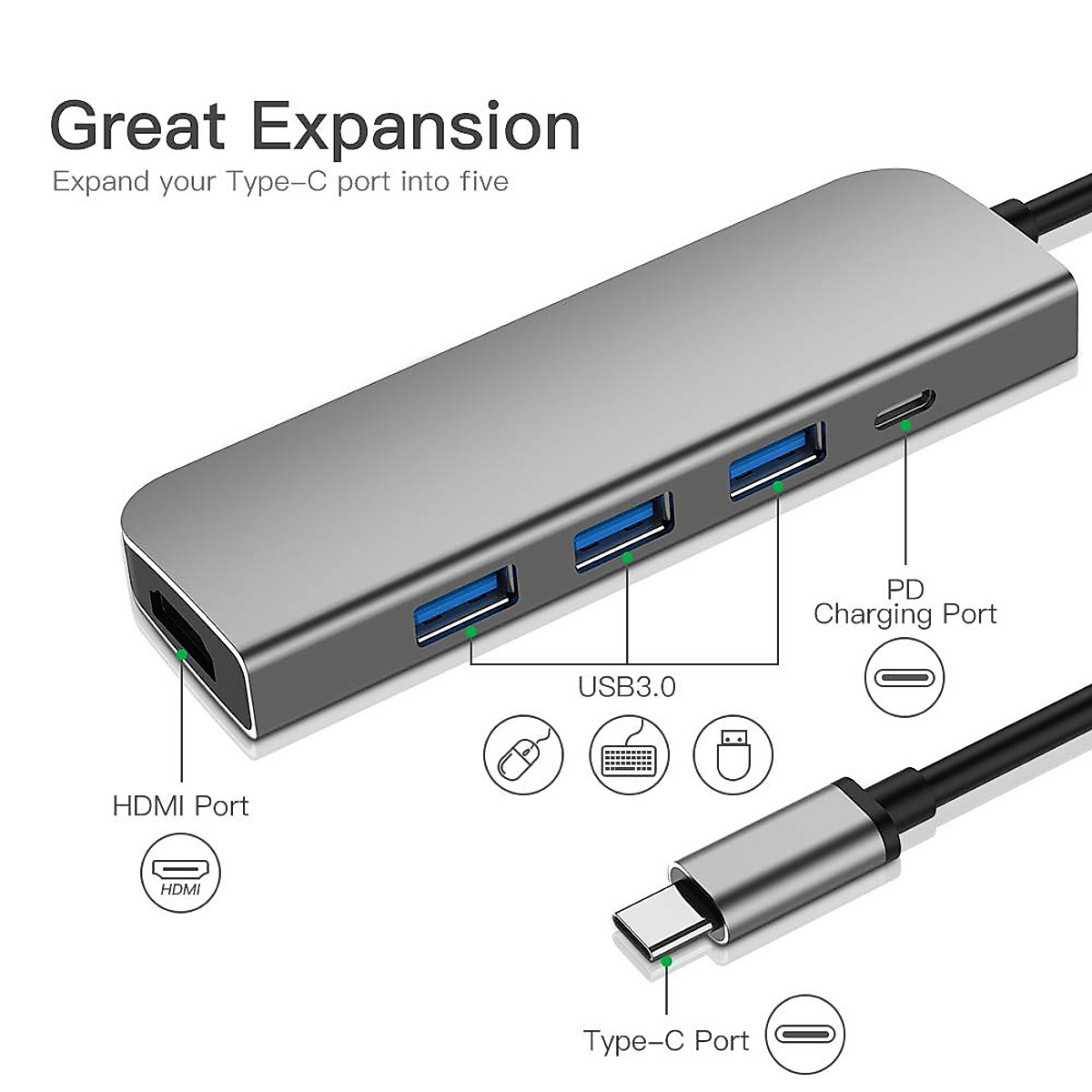 MSVII USB C Hub, 5 in 1 USB C Adapter with 4K HDMI, USB C to USB Power Delivery, 3 USB 3.0 Ports, PD Fast Charging for MacBook Air