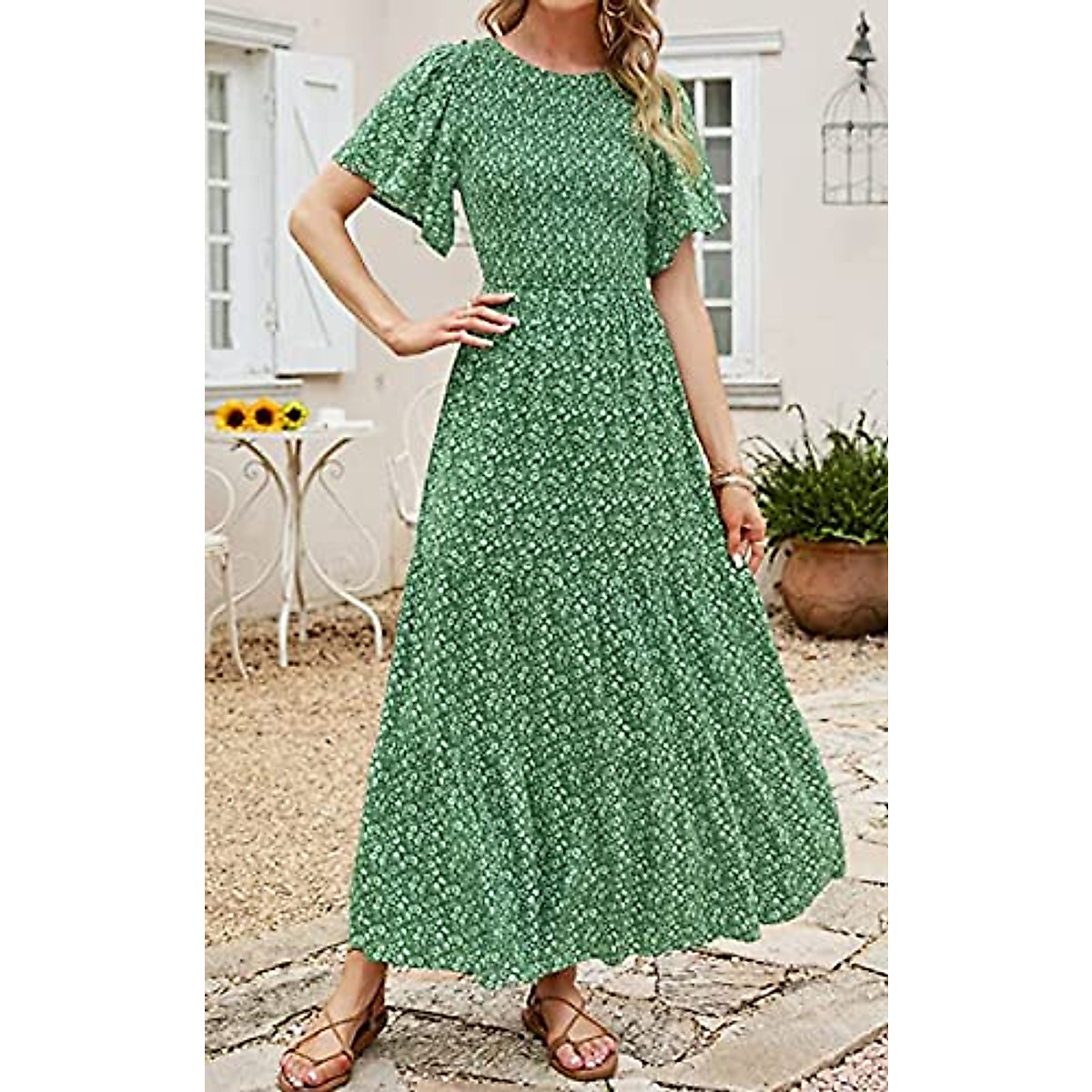 PRETTYGARDEN Womens Casual Floral Crew Neck Flutter Short Sleeve Long Summer Holiday Dress Party Maxi Wedding Guest Dresses (Green,Large)