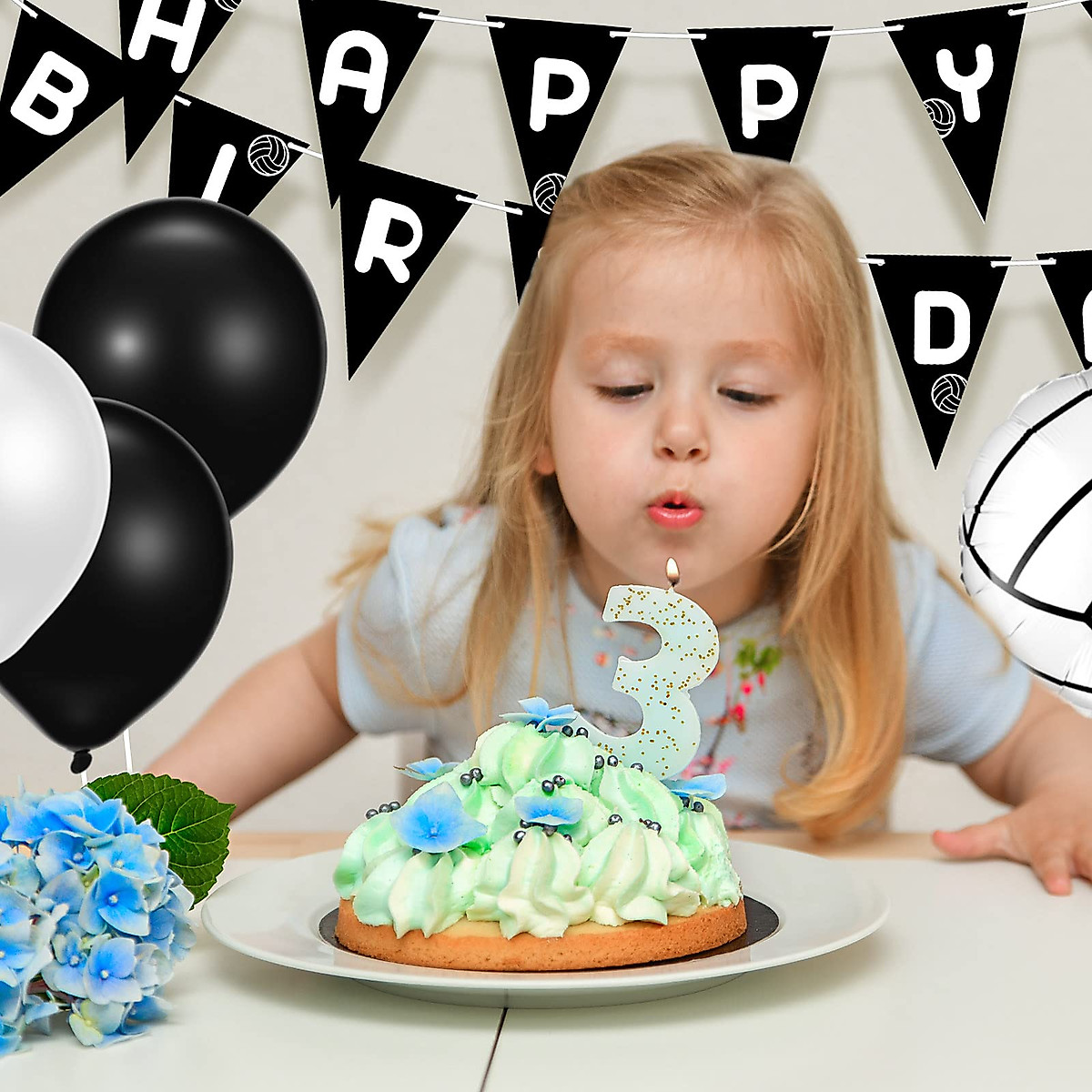 16 Pieces Volleyball Party Decorations, Volleyball Themed Happy Birthday Banner Flags, Black and White Volleyball Paper Garland Volleyball Balloons for Sports Theme Birthday Party Supplies