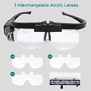 LED Head Mount Magnifier Glasses with 3 Detachable Lenses 2 Led Professional Jeweler Loupe Light USB Rechargeable Hands Free Headband Magnifying Glass for Reading Watch & Electronic Repair Sewing