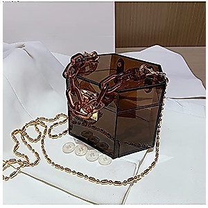 Acrylic Chain Transparent Box Jelly Bag Hexagon Clear PVC Handbag Mini Evening Crossbody Bag (Brown)