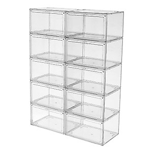 10 Pack Acrylic Ultra Clear Storage Sneaker Shoe Box Stackable Transparent Boxes, Magnetic Door Plastic Sneakerhead Professional Grade Display Case Boot Organizer, Fits US Size 15 Sneakers, Pack of 10