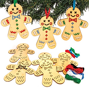 Baker Ross AT187 Gingerbread Wooden Cross Stitch Ornament Kits - Pack of 5, Cross Stitch for Beginners and for Kids Arts and Crafts Projects
