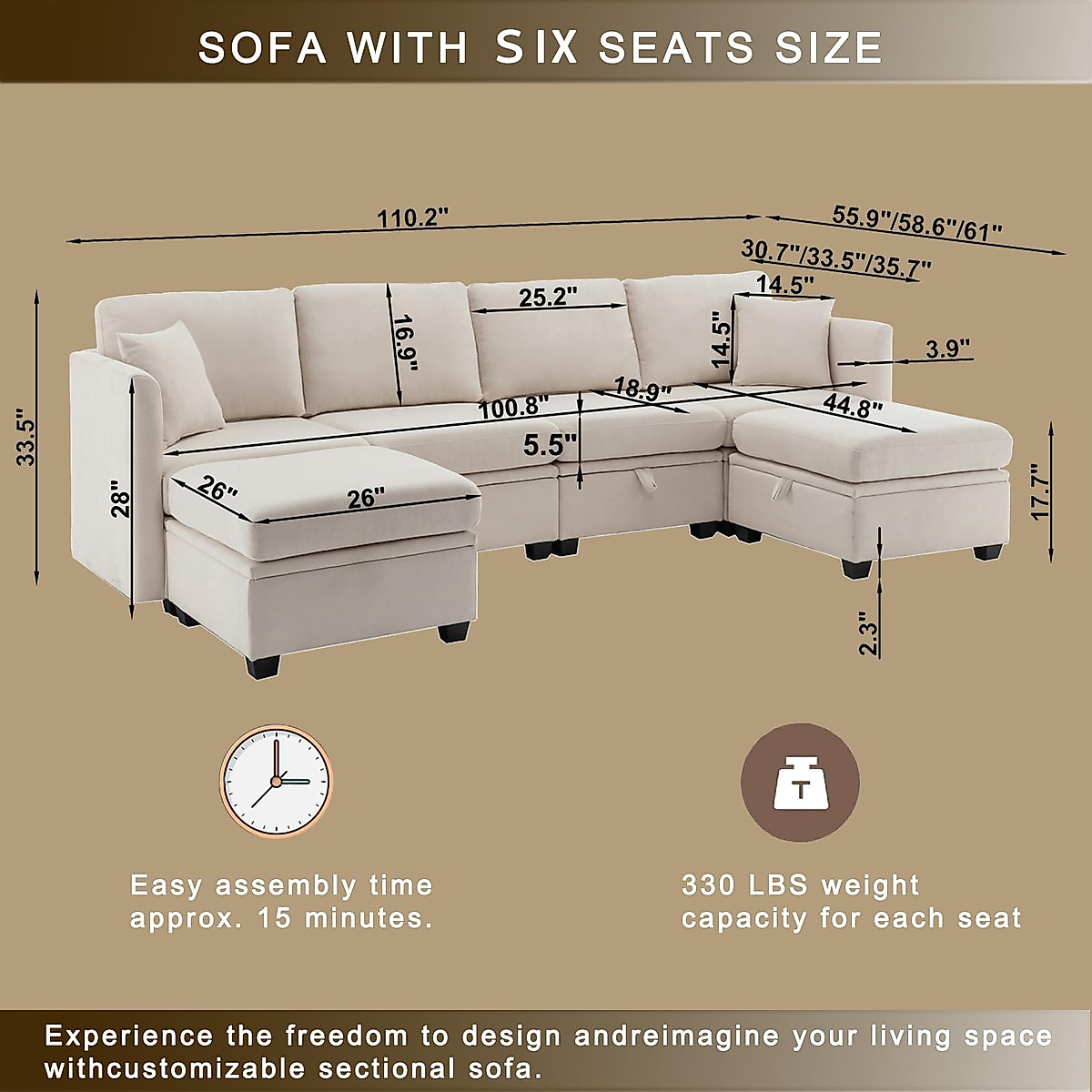 BEARMANOUTDOOR Modular Sectional Couch Sofa,Convertible L-Shaped U-Shaped Couch with Storage, Adjustable Backrest,High Supportive,6-Seat Sofa with Chaise, Living Room (Beige)