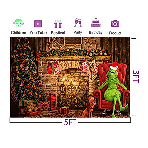 Retro Fireplace Backdrop for Christmas Party Supplies 5x3ft Grinch Red Sofa Photo Background Merry Christmas Photography Backdrop Grinchmas Banner