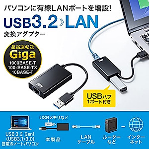 Sanwa Supply USB-CVLAN3BKN USB 3.2 to LAN Converter Adapter (with USB Hub Port, Black)