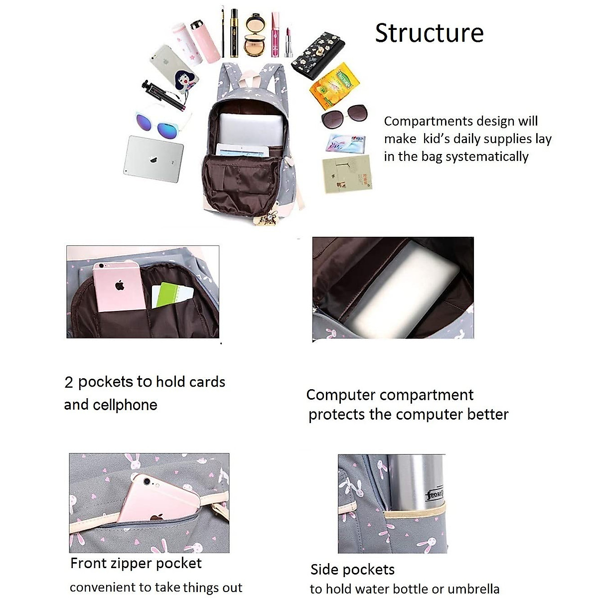 3Pcs Rabbit-Print Girls School Backpack for Elementary Middle Kids Bookbag with Pencil Case