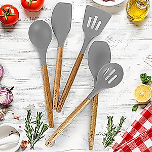 Zulay Kitchen Utensils Set - Non-Stick Silicone Cooking Utensils Set with Authentic Acacia Wood Handles - 5 Piece Silicone Utensil Set - Silicone Kitchen Utensils Set (Gray)
