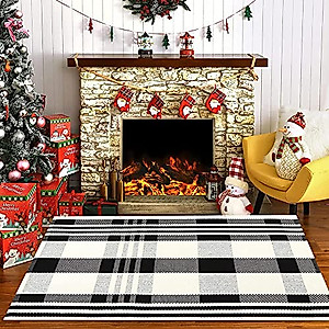 Seavish Porch Rug,Buffalo Plaid Outdoor Rug, Black White Front Door Decor Cotton Hand-Woven Checkered Washable Runner for Layered Door Mats Farmhouse Entryway Kitchen Bathroom Patio(2'x4.3')