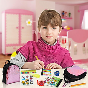 2 Pieces Mini Doll Backpack Toys with 12 Stationery Surprises Inside, Collectible Mini Backpack for Doll with Carabiner, Doll School Supplies Best Gift for Boys and Girls (Styles and Color Vary)