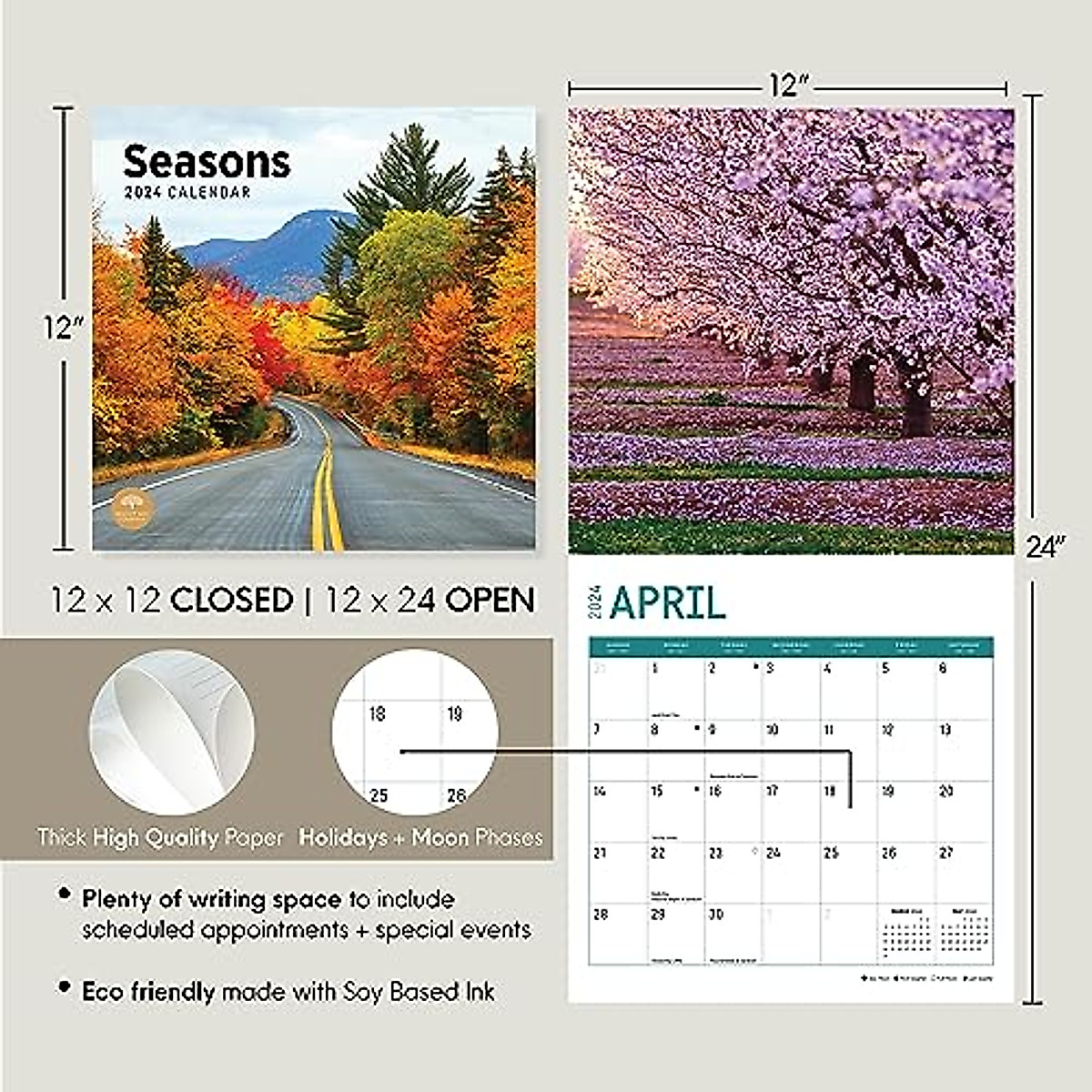 2024 Seasons Monthly Wall Calendar by Bright Day, 12 x 12 Inch Spring Summer Autumn Winter