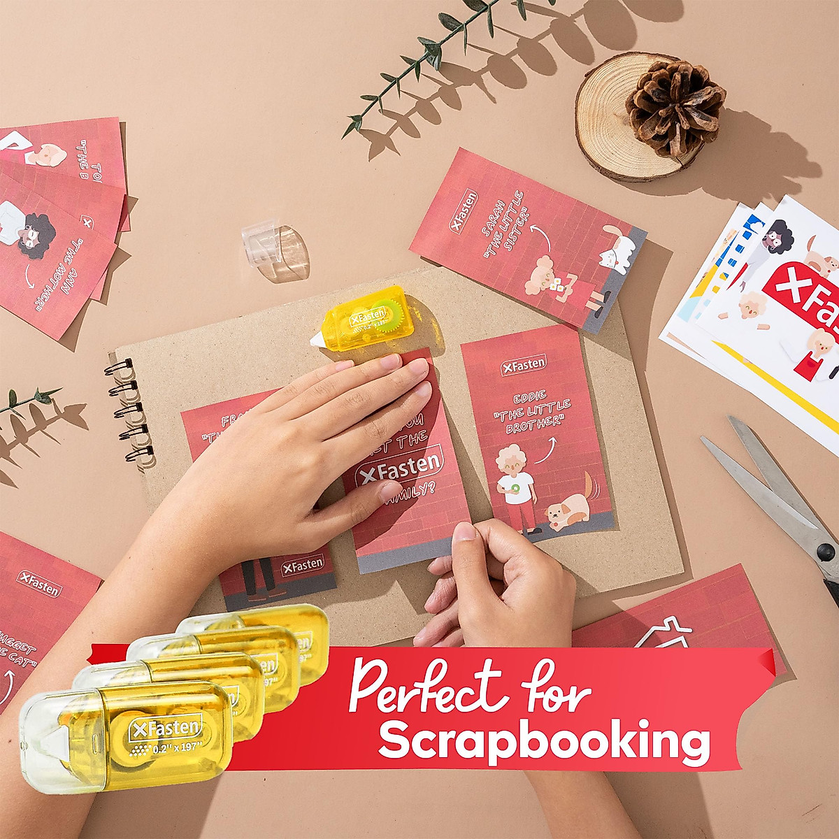 Mini Japan Dots Adhesive Roller .20-Inx197-In (985” Total) 8-Pack, Yellow Scrapbook Adhesive Tape Glue Roller Runner, Photo Tape- Scrapbooking-XFasten