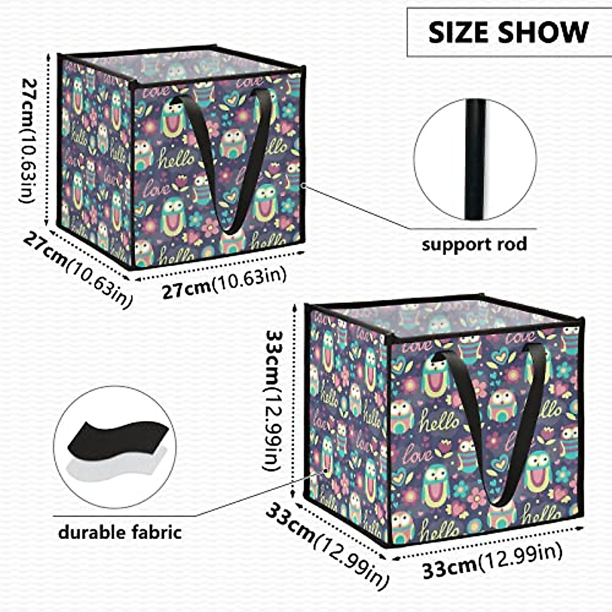 Kigai Owl Cube Storage Bins, 13x13x13inch Collapsible Fabric Storage Cubes Organizer with Handles Decorative Storage Baskets for Home, Shelf, Closet