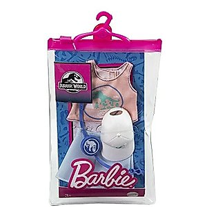 Barbie Doll Clothes Inspired by Jurassic World: Dominion, Complete Look with 2 Accessories, Pink Sleeveless Crop Top with Dinosaur Graphic & Blue Shorts, Fanny Pack & Hat, Gift for Kids 3 to 8 Years