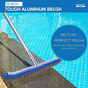 Aquatix Pro Pool Brush, 18" Heavy Duty Aluminium Back, Curved Ends for Corners, Scrub Brush w/ Stainless Steel Bristles & EZ Clip, Swimming Pool Brushes for Cleaning Pool Walls, Tiles, Floors & Steps