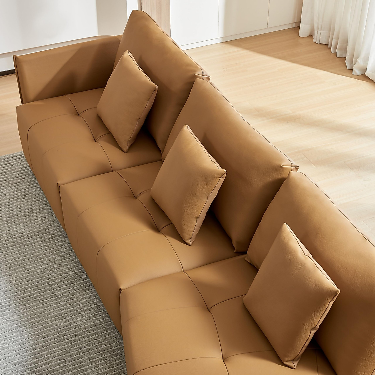 Modern Living Room Curved Sofa, Real Leather Modular Sectional Sofa, Chaise Lounge Couch, 3-Seater Corner Couch, 120'' Sofa Couch with 3 Pillows, Apartment, Home Furniture, Office, Brown Couch