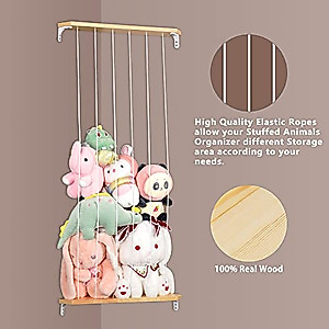 Telihel Stuffed Animal Storage Wood Soft Toy Shelf with Adjustable Length Large Corner Plush Toys Holder for Nursery Play Room Bedroom Kid Room (Natural)