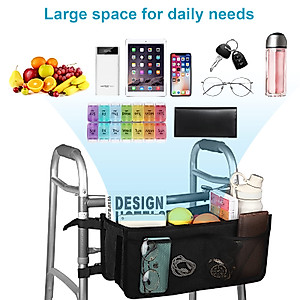 yeloumiss Walker Basket Foldable Walker Storage Bag with Two Split Boards and Six Non-Slip Straps Big Capacity Walker Basket Tote Organizer Never Tipping Over Ideal for Senior, Universal Size (Black)